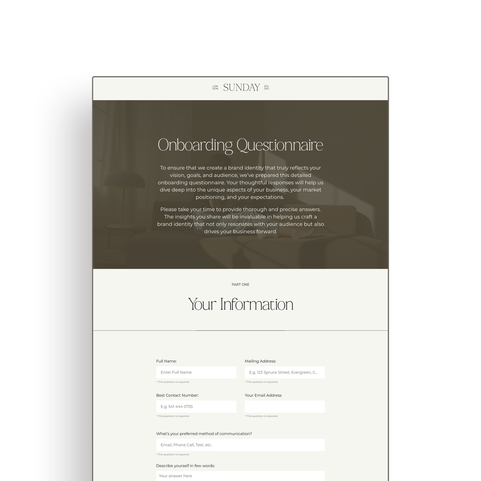 Onboarding Questionnaire for Designers HoneyBook Template | Northfolk